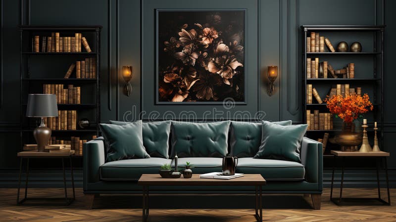 Dark Theme of Modern Living Room with Luxury Grey Sofa Interior ...