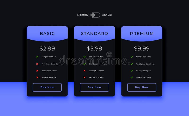 Dark Theme Web Subscription Pricing Chart Layout Design Stock Vector ...