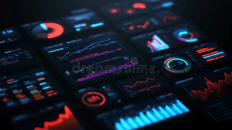 Dark-themed Analytics Dashboard with Red and Blue Glowing Charts and ...