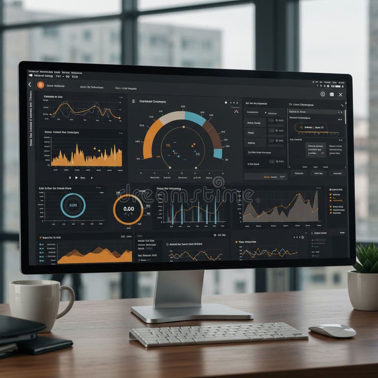 Dark-themed Computer Dashboard Displaying Multiple Data Visualizations ...