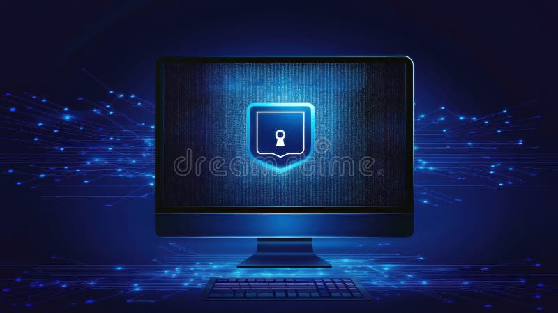 A Dark-themed Computer Display Showcases a Glowing Blue Protection Icon ...