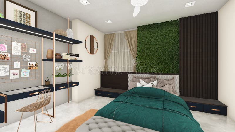 Dark Themed Cozy Bedroom Interior with Vision Board and Study Table 3D Rendering Two Point ...
