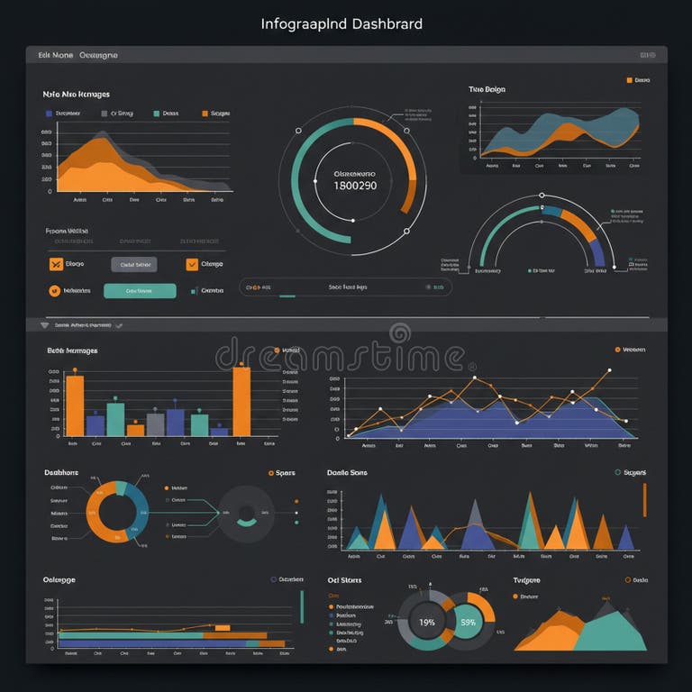Dark-themed Dashboard with Various Data Visualizations, Including Bar ...