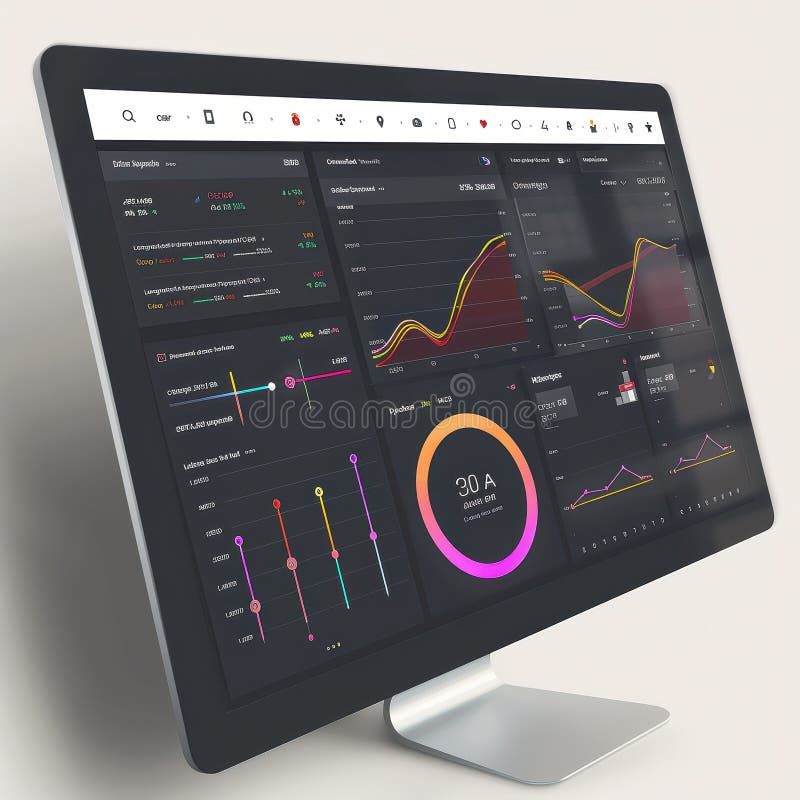 Dark-themed Dashboard with Various Data Visualizations, Including Bar Charts, Line Stock ...