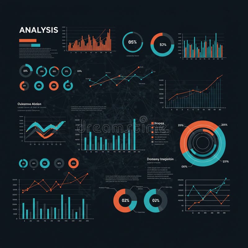 Dark-themed Infographic Featuring Various Types of Data Visualizations. Elements Stock ...