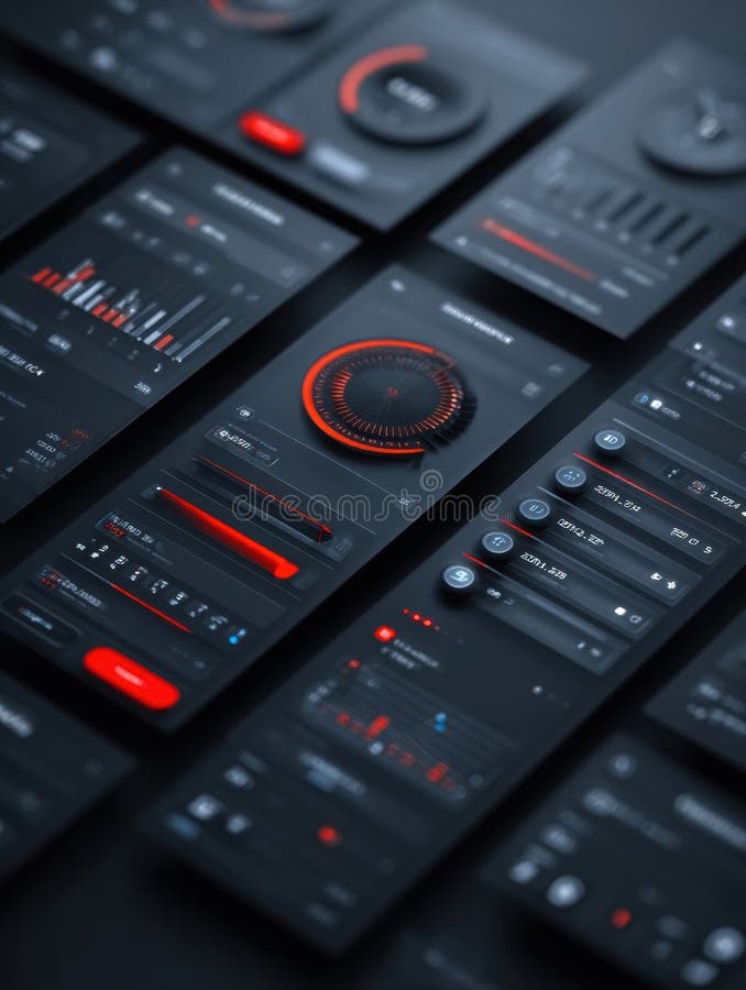 Dark Themed User Interface Design Featuring Various Data Visualization Elements and Controls for ...