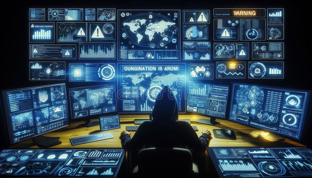 Dark Theme Tech Workspace with Multiple Screens Stock Illustration ...