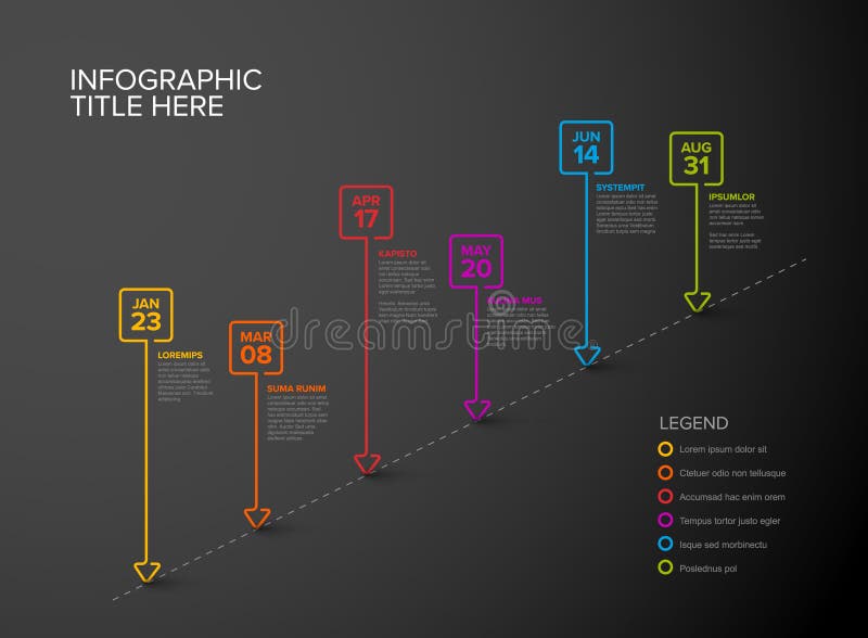Dark Timeline with Six Triangle Pyramid Arrows Pointers on a Vertical ...