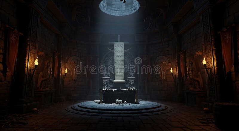 Dark Tomb Interior Featuring Ancient Scroll, Skulls, and Lit Torches ...