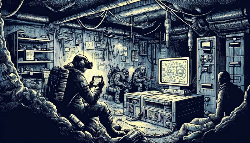 A Dark-toned Doodle Illustration of a Futuristic Bunker with Survivors ...