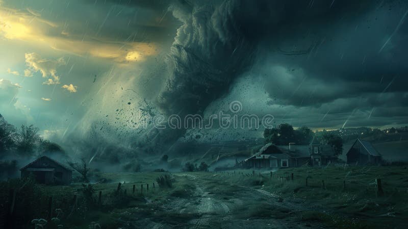 A Dark Tornado Destroying a Rural Town Stock Illustration ...