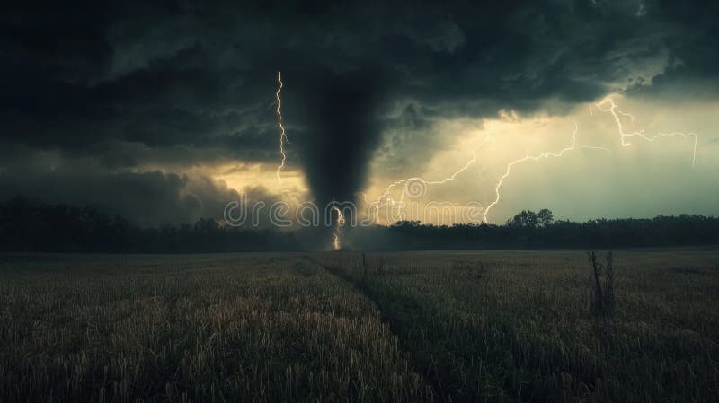 Dark Tornado Funnel Descends with Lightning Striking Over Open Field ...