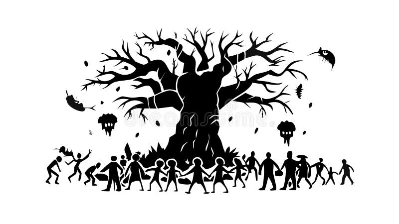 Dark Tree with Many Figures, Symbolic Gathering Point, Vector Design ...