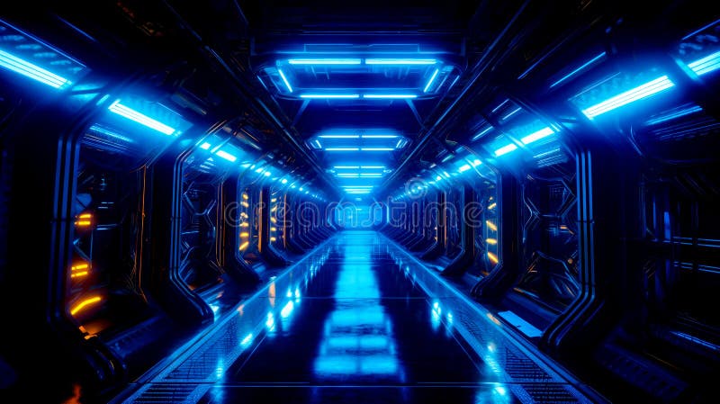 Dark Tunnel with Bright Blue Lights and Long Corridor Leading into the ...
