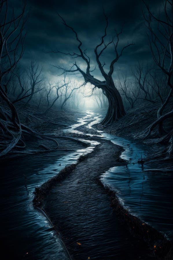 A Dark, Twisting Stream Flows through a Desolate, Eerie Forest of ...