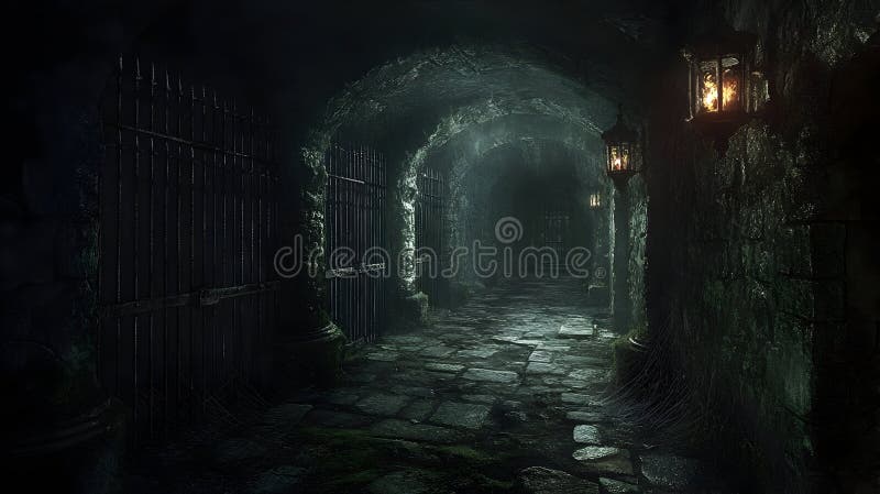 Dark Underground Dungeon Corridor with Gloomy Stone Walls and Lanterns ...