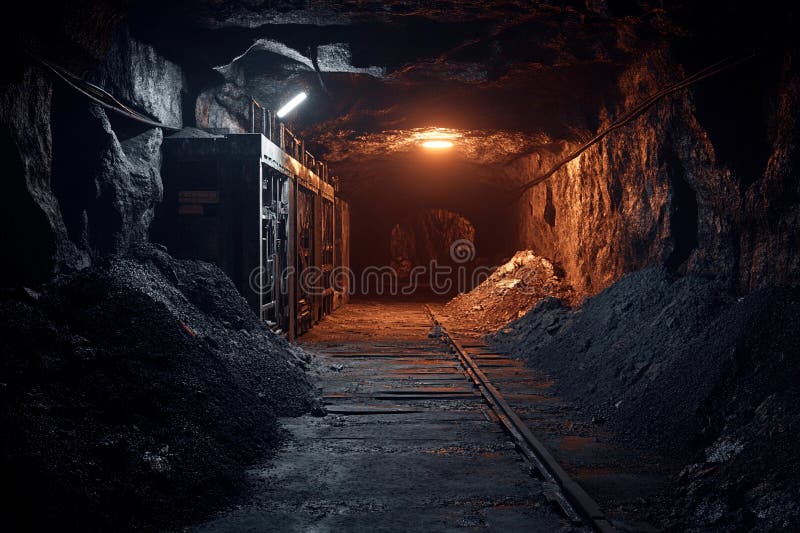 Dark Underground Mine Path Illuminated by a Warm Light in a Mysterious ...