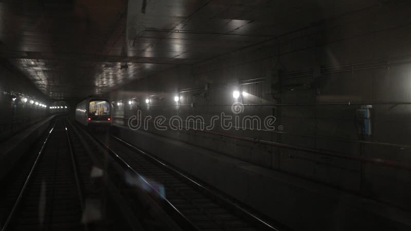Dark Underground Train Tunnel, Deep Down, Subway Car Rides on Rails in ...