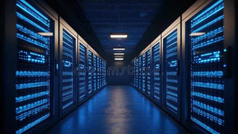 Dark Underground Vault with Neon Lights and Computing Servers Stock ...