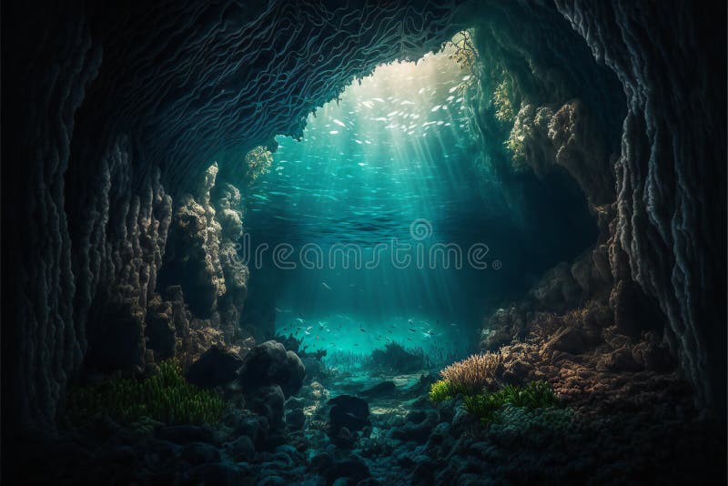 Dark Underwater Cave with Sunlight Beams Deep Sea, Creative Digital ...