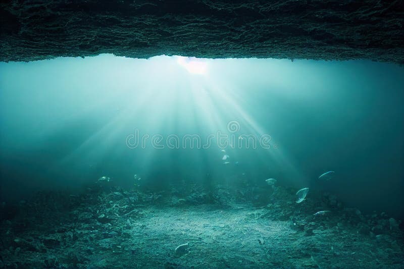 Underwater Cave with School of Fish Swimming through the Entrance Stock ...