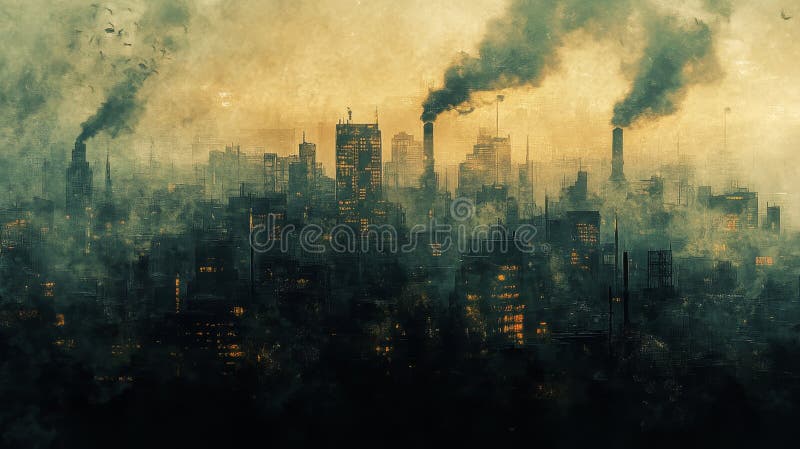 Dark Urban Skyline with Smoke and Pollution in Dusk Background Stock ...