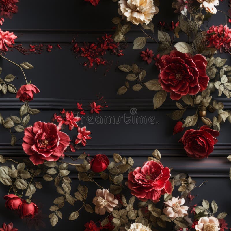 Dark Victorian Red Flowers on the Wall Seamless Pattern, Created with ...