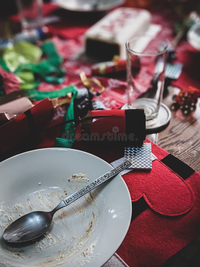 Christmas Dinner after the Party. Messy Table. Dark Vintage. Stock ...