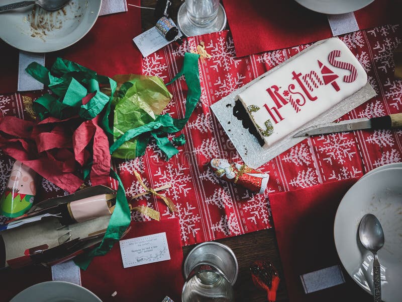 Christmas Dinner after the Party. Messy Table. Dark Vintage. Stock ...