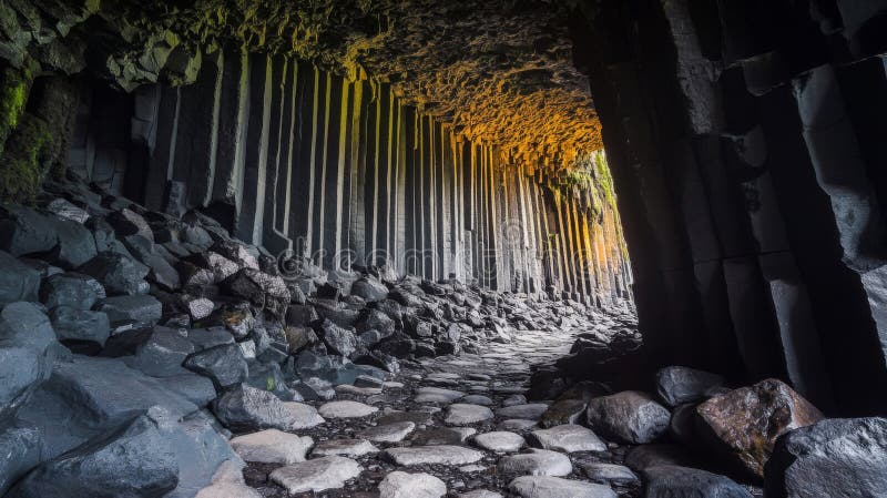 Dark Volcanic Cave Entrance with Stone Path and Light Stock ...