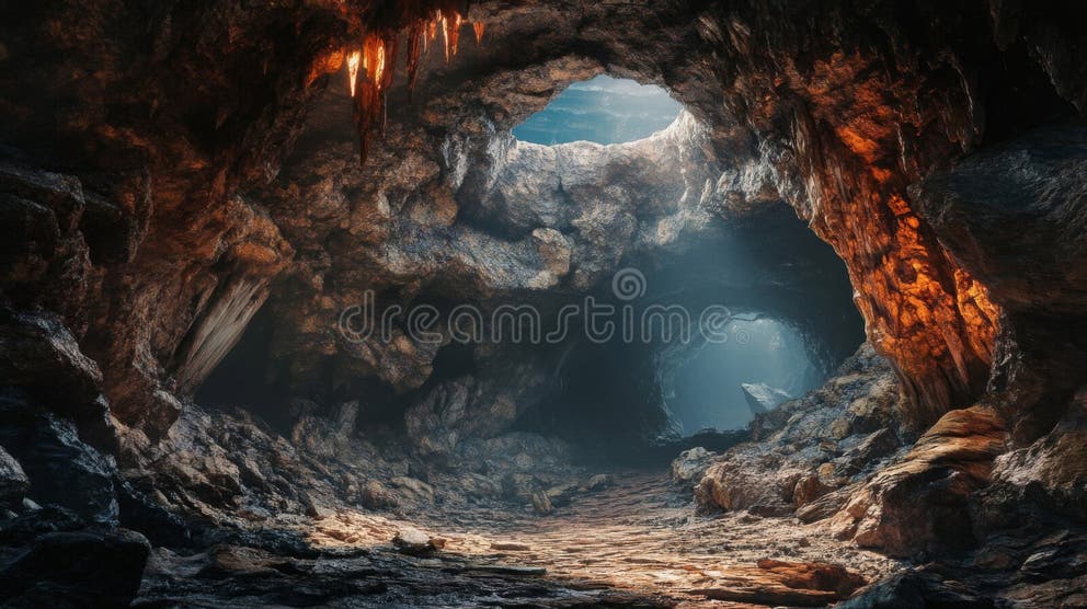 Dark Volcanic Cave Interior with Light Beams Stock Illustration ...