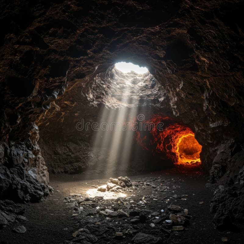 Dark Volcanic Cave Interior with Light Rays Stock Illustration ...