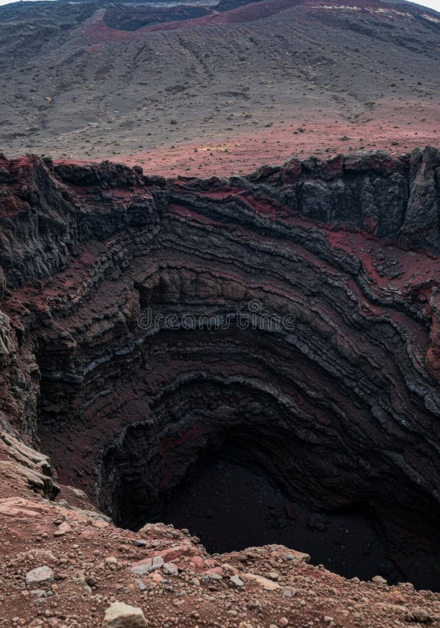 Dark Volcanic Crater with Red and Brown Rock Layers Stock Illustration ...
