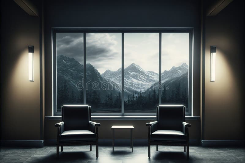 Dark Waiting Room Interior with Two Armchairs and Panoramic Window ...