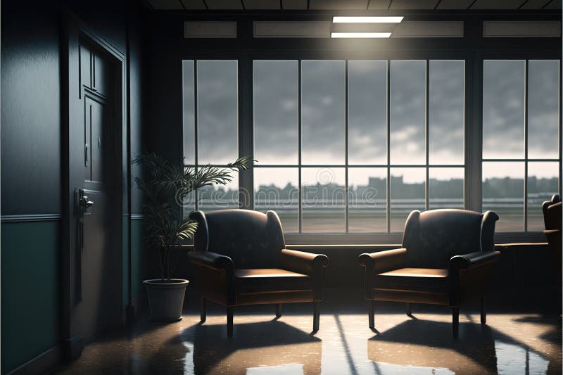 Dark Waiting Room Interior with Two Armchairs and Panoramic Window ...