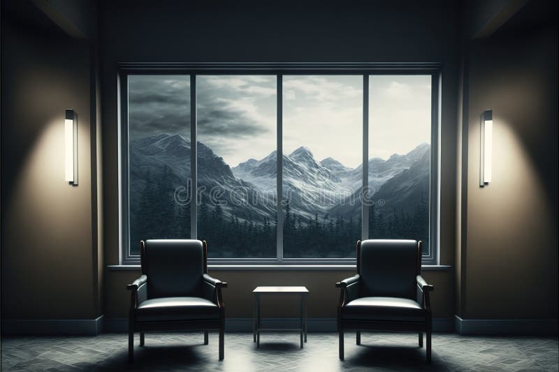 Dark Waiting Room Interior with Two Armchairs and Panoramic Window ...