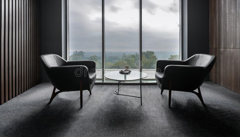 Dark Waiting Room Interior with Two Armchairs and Panoramic Window ...