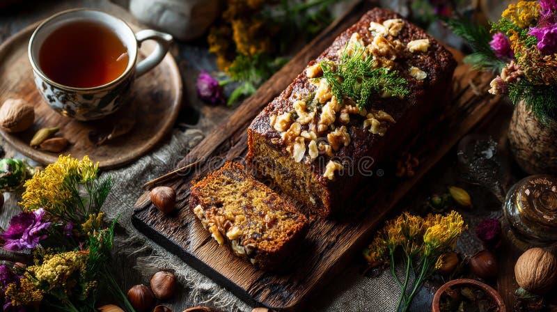 Dark Walnut Hazelnut Loaf Cake with Tea and Flowers Stock Illustration ...