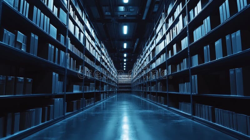 Dark Warehouse Aisle with Rows of Shelves in Blue Lighting Stock Image ...