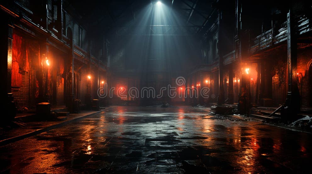 Dark Warehouse Empty and Spooky Illuminated by Bright Futuristic Stock ...