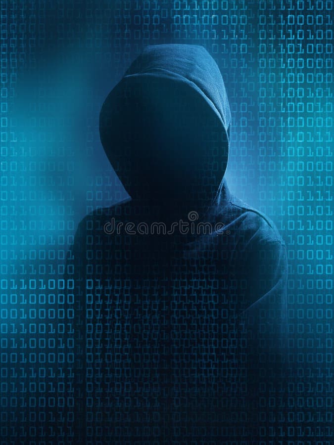 Hacker In A Hood On Dark Blue Background Stock Illustration ...