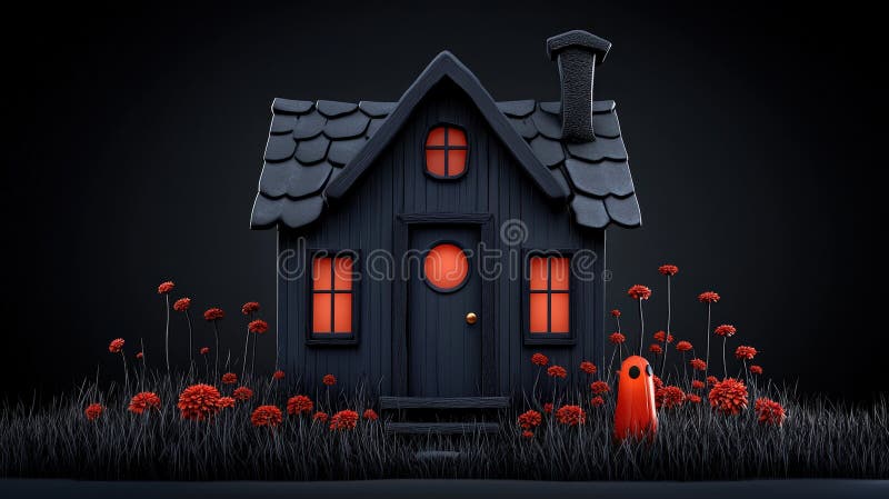 Dark Whimsical House with Orange Windows Surrounded by Red Flowers ...