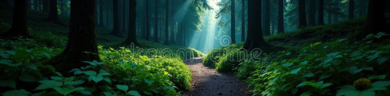 Dark, Winding Path through Dense Evergreen Forest, Shadows Deep, Fir ...