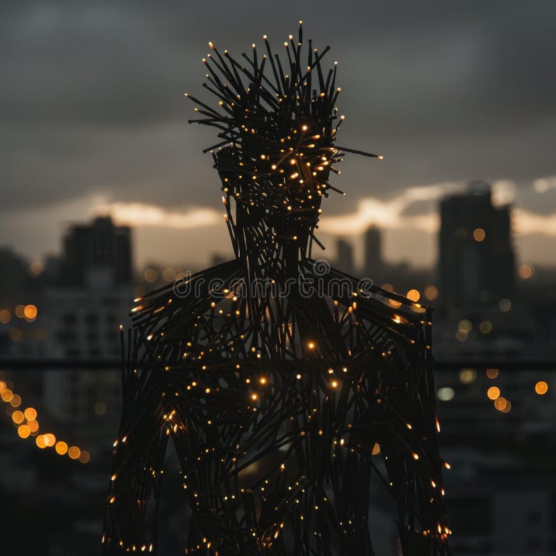 Dark Wire Figure with Lights Overlooking a City at Sunset Stock Photo ...