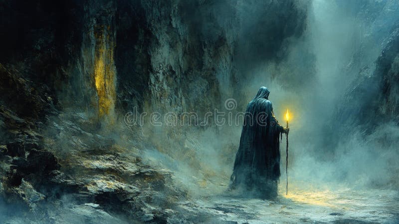 Dark Wizard Exploring Mystical Cave with Torchlight Generative AI Stock ...