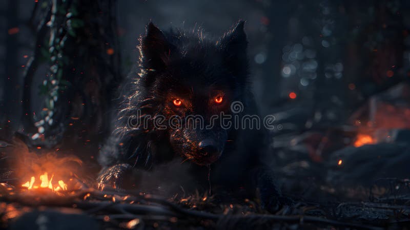 A Dark Wolf with Glowing Eyes Emerges from a Shadowy Forest, Surrounded ...