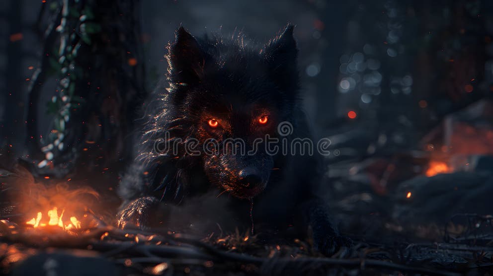 A Dark Wolf with Glowing Eyes Emerges from a Shadowy Forest, Surrounded ...
