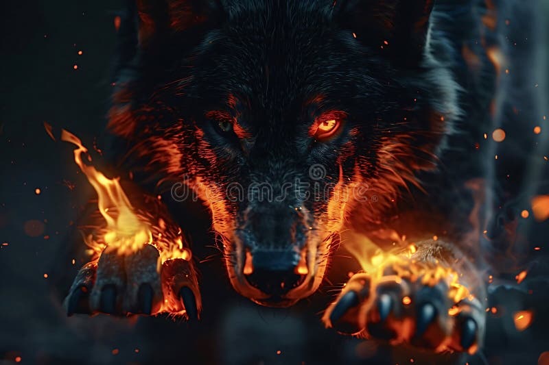 Dark Wolf Emerging from Fire with Glowing Eyes Stock Image - Image of ...