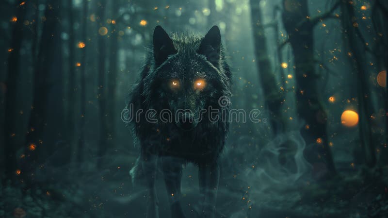 A Dark Wolf with Glowing Eyes in a Forest, AI Stock Photo - Image of ...