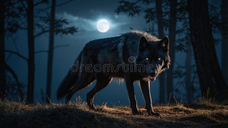 A Dark Wolf Stands Under a Full Moon, Surrounded by Trees in a ...